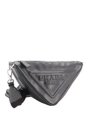 Prada Triangle Logo Zip Leather Small Crossbody Bag - Black