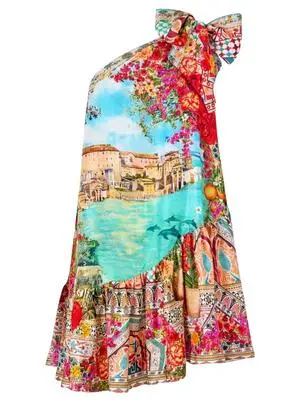 Camilla One-shoulder Mini Dress With Landscape Print And Crystal Embellishment - Blue