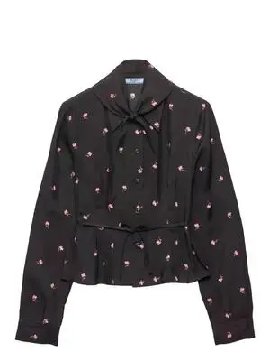 Prada Washed Silk Floral Print Shirt With Removable Scarf - Black