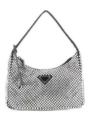 Prada Re-edition 2000 Crystal Embellished Satin Mini Hobo Bag Black