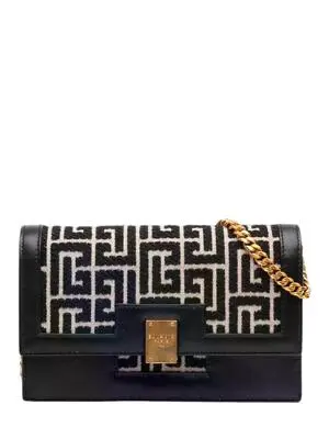 Balmain 2010-2026 Mini Leather Trimmed Monogram Jacquard 1945 Heritage Crossbody Bag - Black