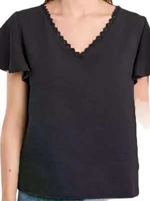 MOLLY BRACKEN Molly Bracken Flutter-Sleeve Top With V-Neck And Lace Trim