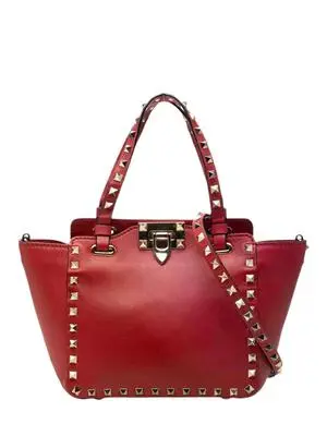Valentino Garavani Valentino Garavani Mini Grained Calfskin Rockstud Trapeze Satchel Red