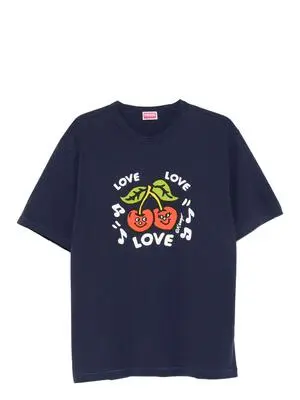 Kenzo Crewneck T-shirt With Printed Front Panel - Blu