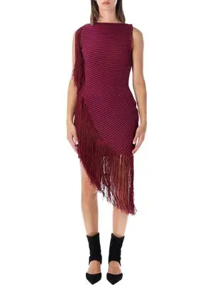 Alaïa Asymmetric Fringed Knit Dress With High Neck And Slim Fit - Viola