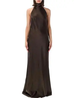 RALPH LAUREN Halterneck High-neck Satin Long Evening Gown