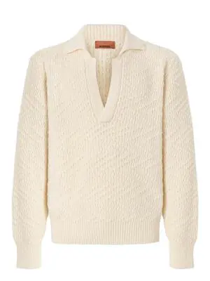 Missoni Long-sleeve Wool And Viscose Zig Zag Knit Polo Shirt - Beige