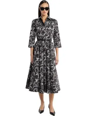 Michael Kors Floral Cotton Poplin Belted Quarter-sleeve Shirtdress - Grey