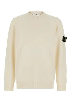 Stone Island Crewneck Wool Sweater With Logo Patch - White
