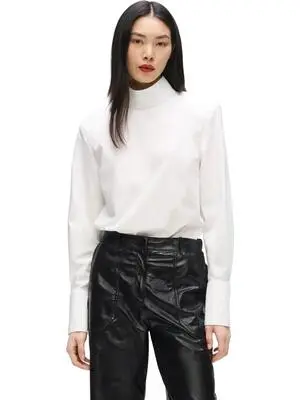 Karl Lagerfeld High Neck Blouse With Exaggerated Shoulders And Signature Cufflinks - White
