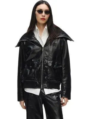 Karl Lagerfeld Knitted Collar Leather Jacket - Black