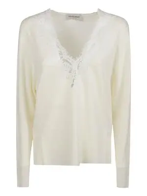 ERMANNO FIRENZE V-neck Sweater With Lace Trim - Ecru