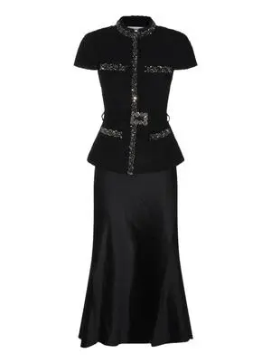SELF-PORTRAIT Beaded Trim Peplum Dress - Black