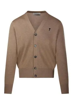 AMI Paris V-neck Cardigan With Embroidered Logo - No