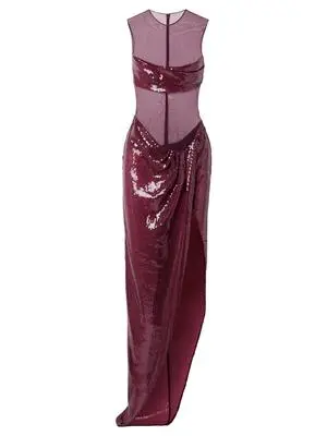 Alex Perry Asymmetric Paneled Draped Sequined Tulle Gown - Red