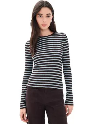 LA LIGNE Striped Fitted Crew Neck Sweater - Chocolate/sky