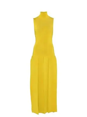 Alaïa High Neck Sleeveless Maxi Dress With Pleated Skirt And Side Slit - Yellow