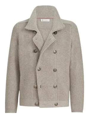 Brunello Cucinelli Ribbed Shawl Collar Double-breasted Cardigan - Grey