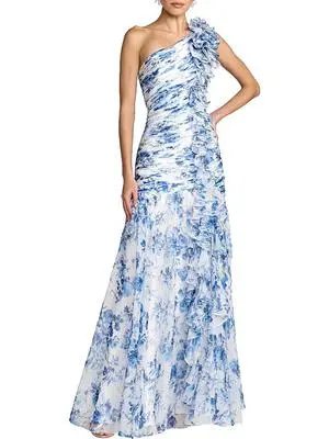 Mac Duggal Petite Ruched Floral Chiffon Gown With 3d Ruffles - Blue Multi