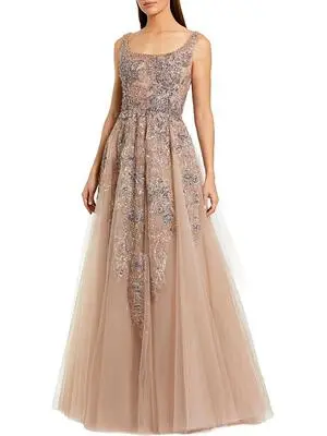 Mac Duggal Hand Embellished Tulle A-line Gown - Mocha