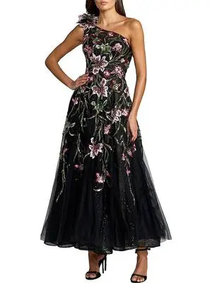 Mac Duggal Embroidered Floral One-shoulder A-line Gown - Black Multi
