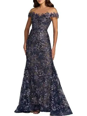 MAC DUGGAL Lace Mesh Illusion Neck Cap Sleeve Trumpet Gown