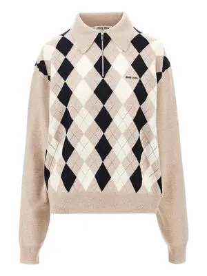 Miu Miu Miu Miu Argyle Cashmere Polo Sweater Beige