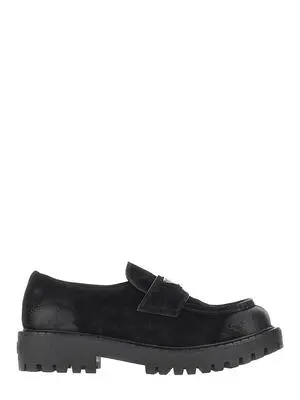 Prada Suede Leather Loafers With Logo And Lug Sole - Black