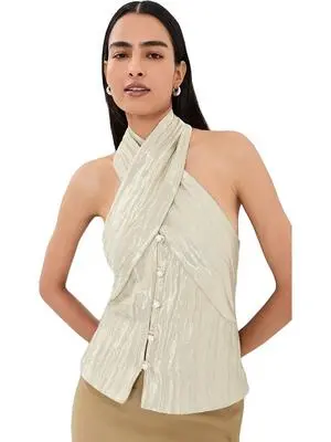 Rosie Assoulin Twisted Halter Top - Metallic Silver