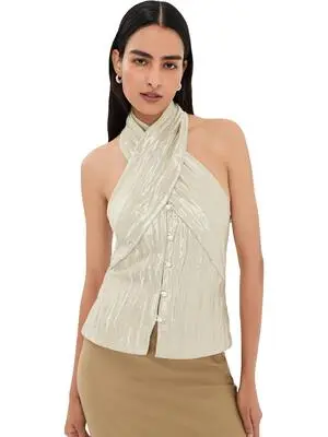 Rosie Assoulin Twisted Halter Top - Metallic Silver