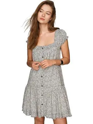PILCRO 100% Cotton Ruffle Mi Dress - Ivory Pattern