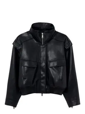 SELF-PORTRAIT Faux Leather Bomber Jacket - Black
