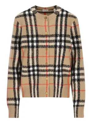 Burberry Checked Crewneck Buttoned Cardigan - Sand Ip Check