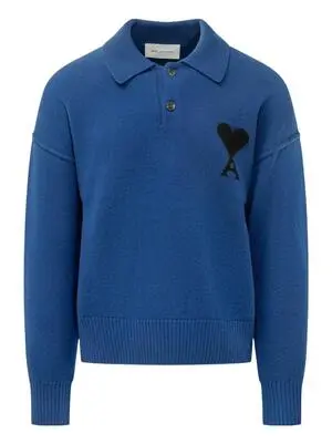 AMI Ami Paris Long Sleeve Knit Polo With Heart Logo
