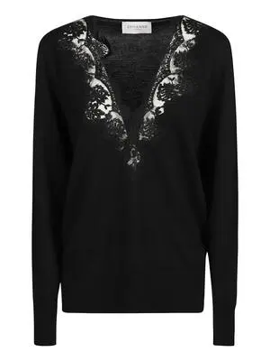 ERMANNO FIRENZE Long-sleeve V-neck Sweater With Lace Trim - Black
