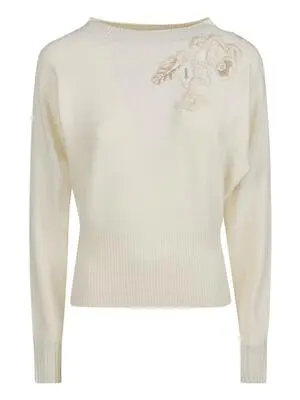 ERMANNO FIRENZE Round Neck Embellished Sweater - Ecru