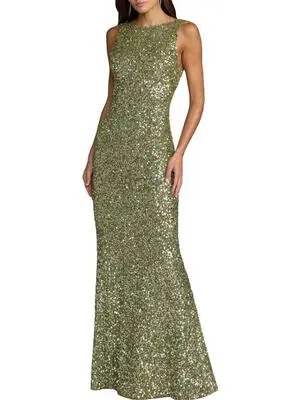 Mac Duggal Petite High Neck Sleeveless Open Back Sequin Column Gown Sage