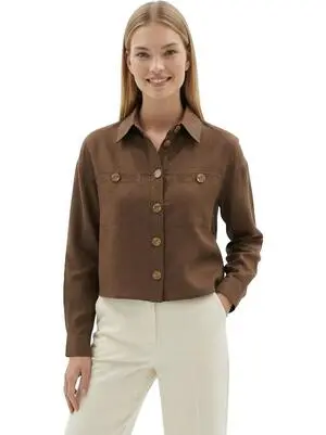 EXQUISE Seleneelle Long Sleeve Linen Crop Jacket - Brown