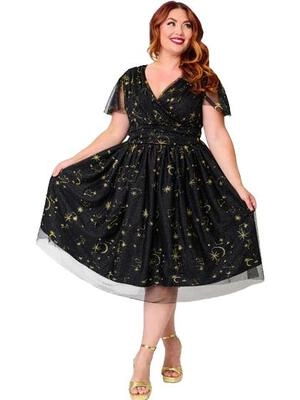 Unique Vintage Midori Swing Dress - Black Celestial Print
