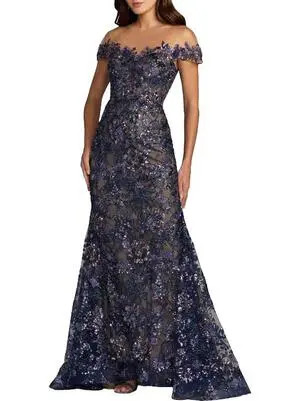 Mac Duggal Lace Mesh Illusion Neck Cap Sleeve Trumpet Gown - Midnight