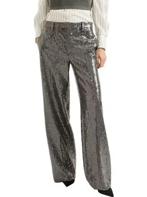 Brunello Cucinelli Virgin Wool Flannel Sequin Embroidered Flared Trousers - Dark Grey