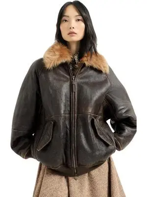Brunello Cucinelli Vintage-effect Shearling Bomber Jacket With Shiny Zipper Pull - Hazelnut