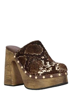 AZALEA WANG Calf Hair Platform Clogs - Brown Multi