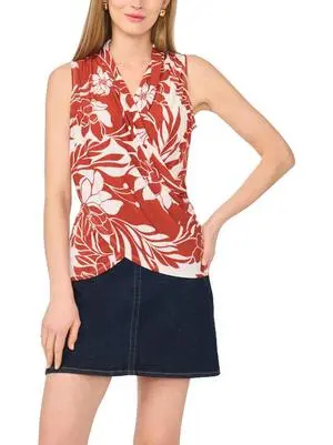 Vince Camuto Sleeveless Floral Print Crossover Front Jersey Top - Rust