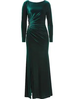 Eliza J Side Ruched Long Sleeve Velvet Gown - Hunter