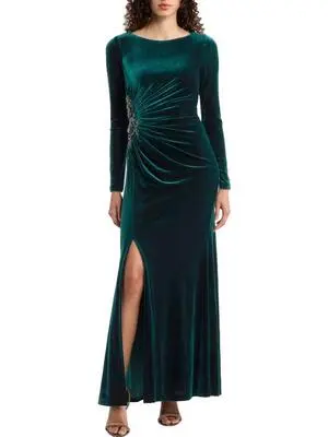 Eliza J Side Ruched Velvet Gown - Hunter