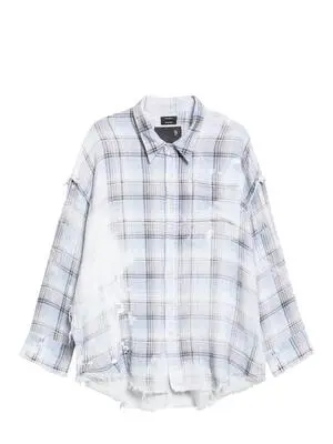 R13 Shredded Seam Plaid Flannel Shirt - Blue Bleached Plaid