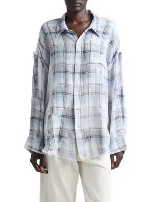 R13 Shredded Seam Plaid Flannel Shirt - Blue Bleached Plaid