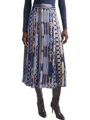 St. John Heritage Chain Bridle Print Pleated Midi Skirt - Midnight Multi