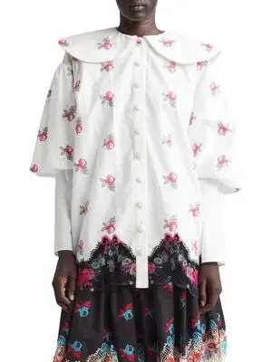 CHOPOVA LOWENA Floral Embroidered Cotton Shirt With Lace Trim - White Multi